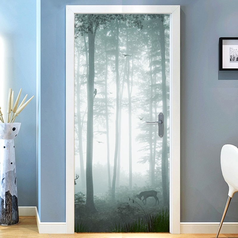 Modern Simple Misty Forest Door Sticker 3D Landsca... – Grandado