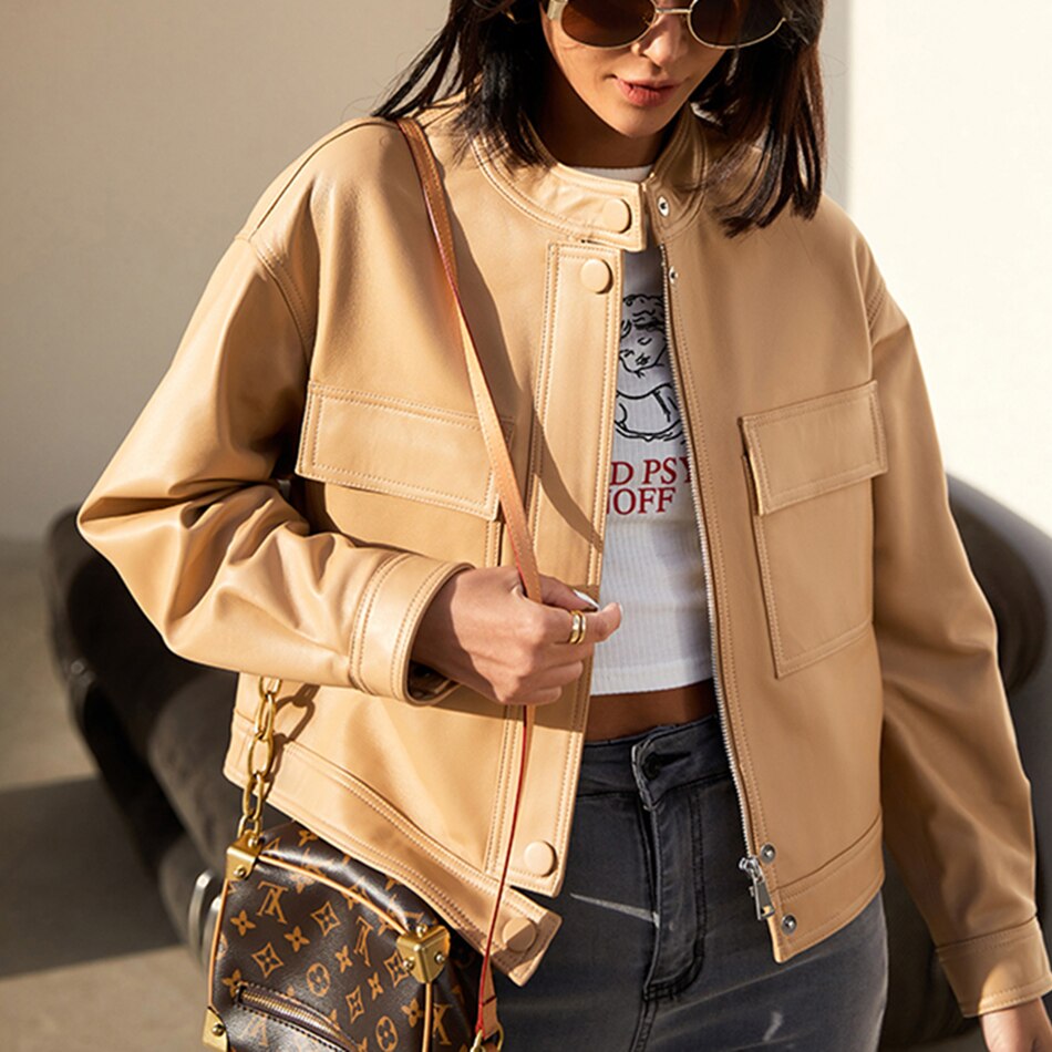 Solid Color Leather Jacket Women Pu Leather Jacket... – Grandado