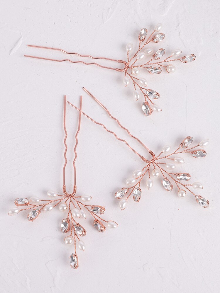 Trendy Rose gold 3PCS Wedding Hair Pins Tiara Head... – Grandado