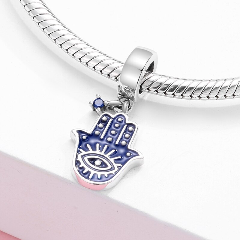 Genuine 925 Sterling Silver blue Hand of Fatima pe... – Grandado