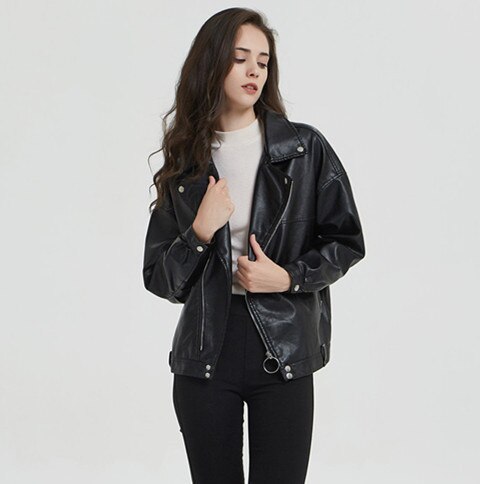 Spring Black Loose Pu Leather Jacket Women Motorcy... – Grandado