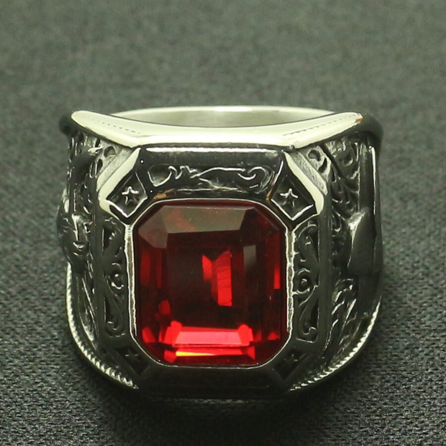 Men Boys 316L Stainless Steel Cool Big Red Stone R... – Vicedeal