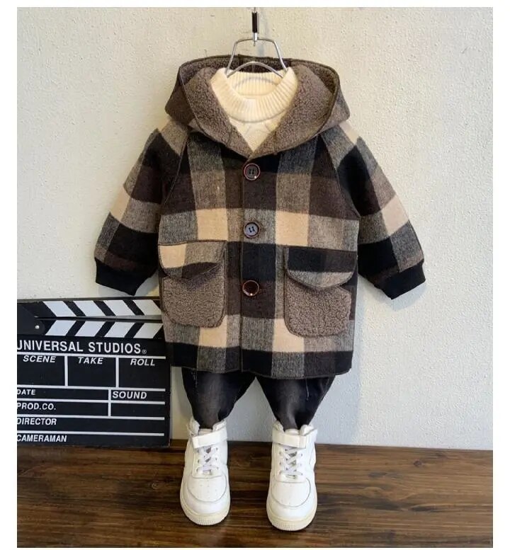 baby boys winter coat classic plaid hooded long co... – Grandado