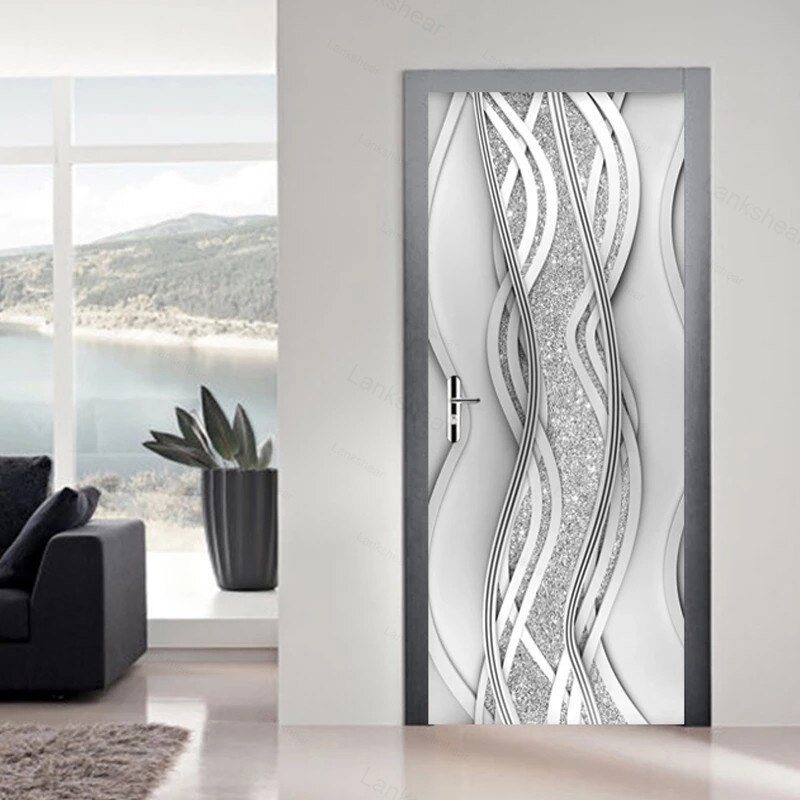 PVC Door Sticker Modern 3D Abstract Line Silver Pe... – Vicedeal