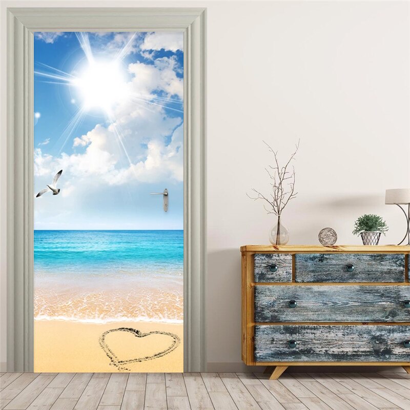 Blue Sky And White Clouds Sea View Door Sticker Li... – Grandado