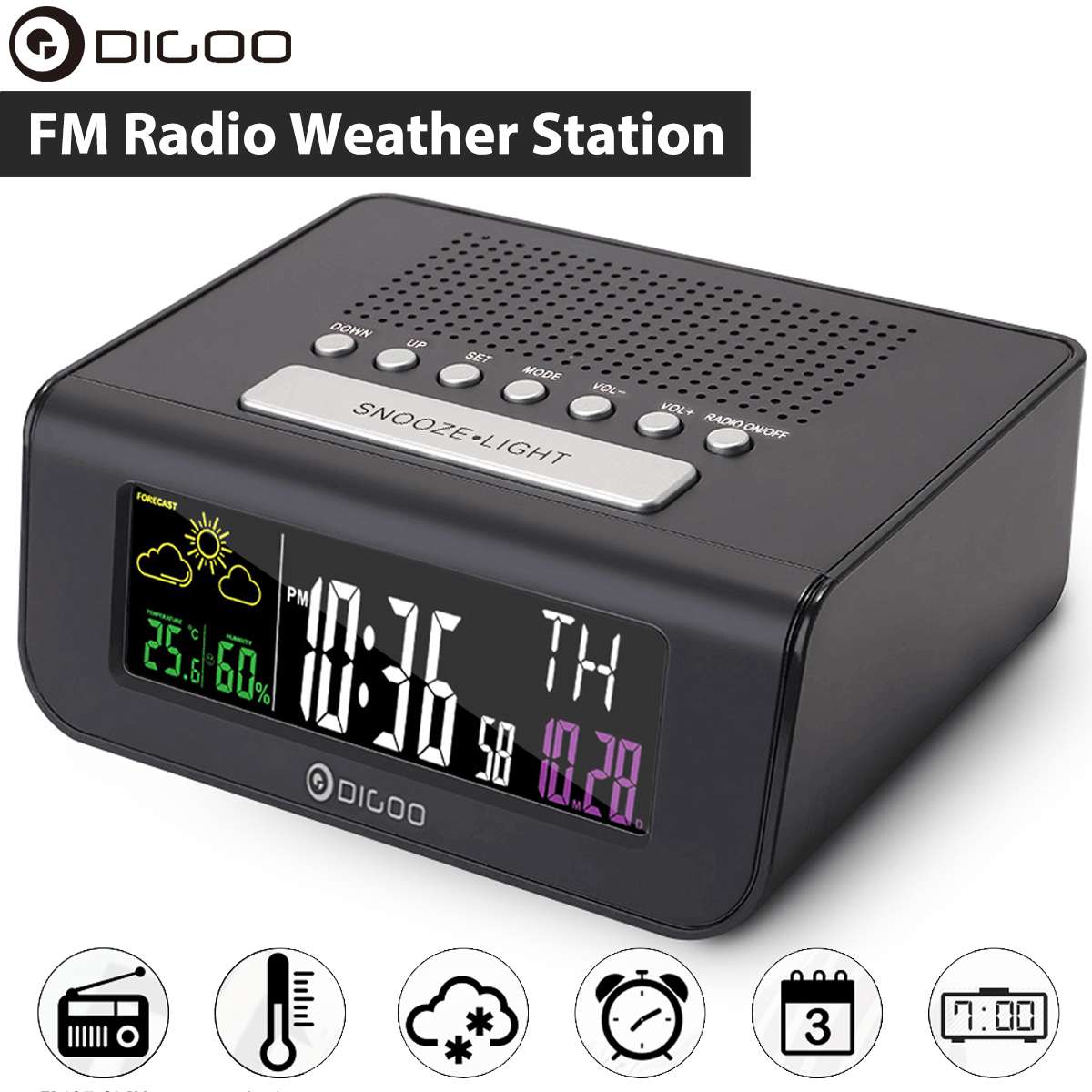 Digoo DG-FR100 Color Wireless FM Radio Clock Digit... – Grandado