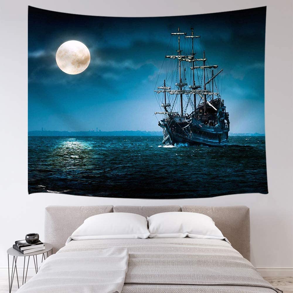 Gothic Decor Tapestry Pirate Ship and Full Moon wi... – Grandado