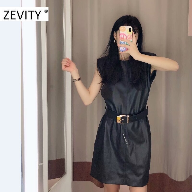 ZEVITY women o neck sleeveless casual slim PU Leat... – Grandado