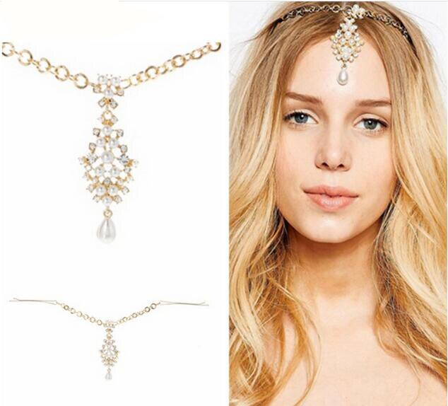 Rhinestone Bridal Hair Chain Pearl Forehead Headpi... – Grandado