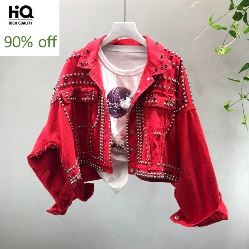 Red Denim Jacket Women Tassel Diamonds Beaded Shor... – Grandado