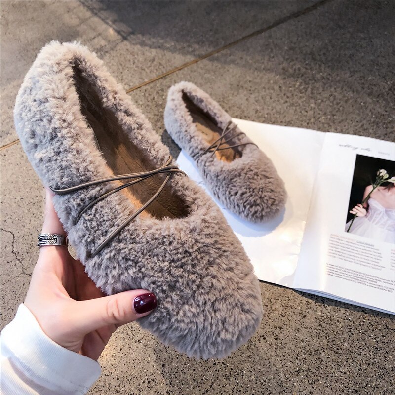 Lambswool furry ballerina ballet shoes women solid... – Grandado