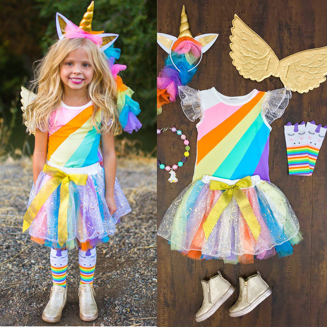 Rainbow Kids Baby Girl Tops T shirt + Tutu Skirt P... – Grandado