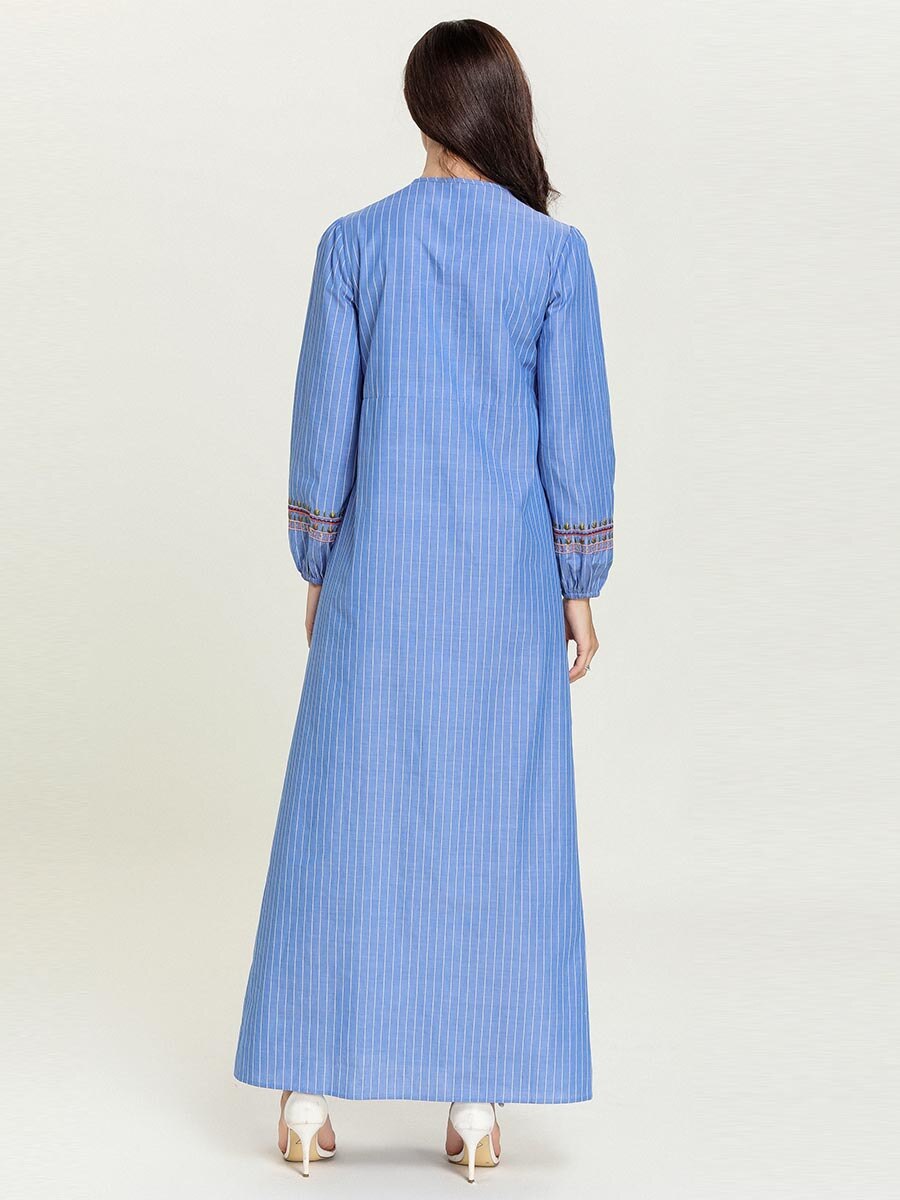 Abaya Turkish Kaftan Gown Simple Autumn Blue Strip... – Grandado