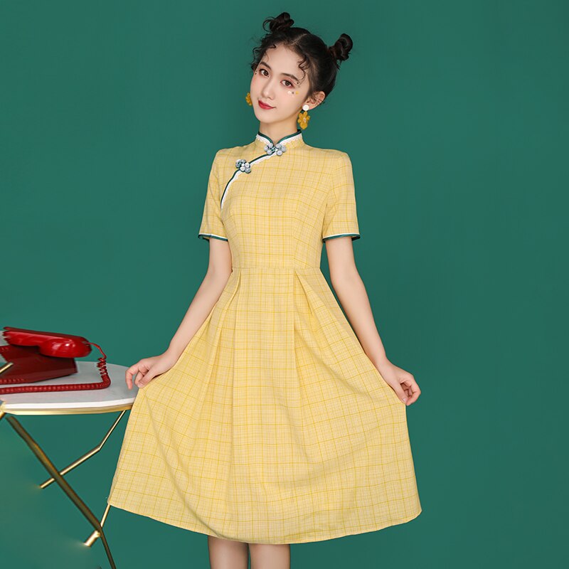 Retro Improved Cheongsam Girls Cotton Linen Lattic... – Vicedeal