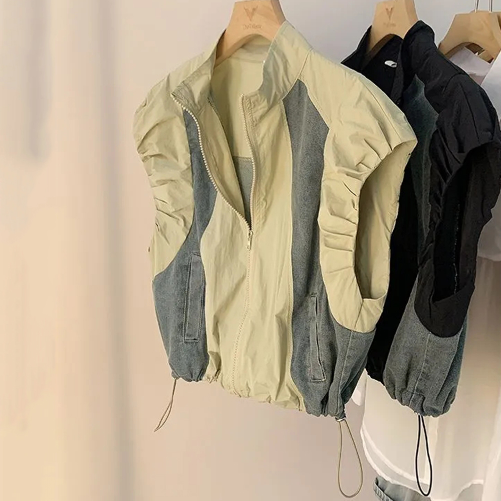 Denim Patchwork Vest For Women Casual Contrast Col... – Grandado