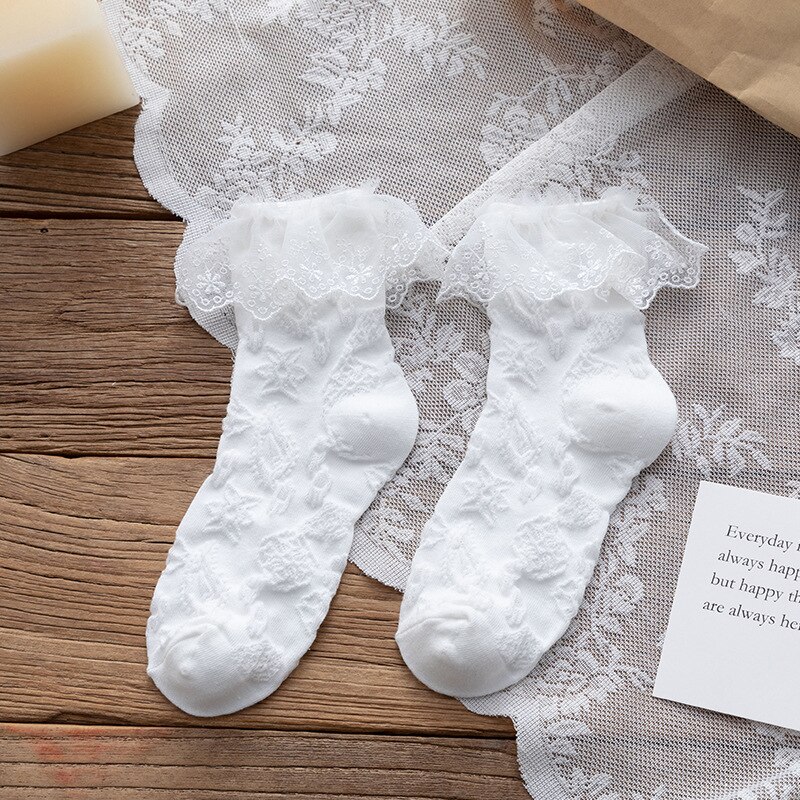 Solid Black White Nylon Lace Ruffle Socks Japanese... – Grandado