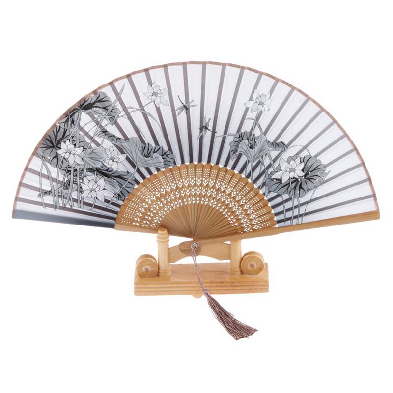 Seide hand fan Lotus folding fan bambus-grau – Vicedeal