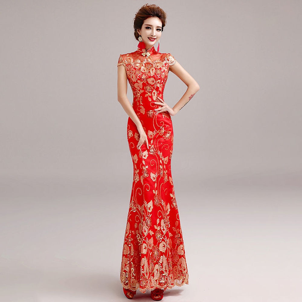 Female Long Short Sleeve Cheongsam Gold Sequin and... – Vicedeal