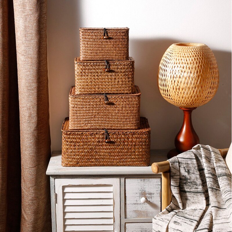 Woven Straw Storage Bins with Lid Set of 4 Rectang... – Grandado