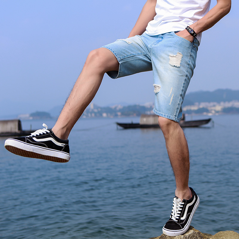 Denim shorts summer men's five-point hole denim sh... – Grandado