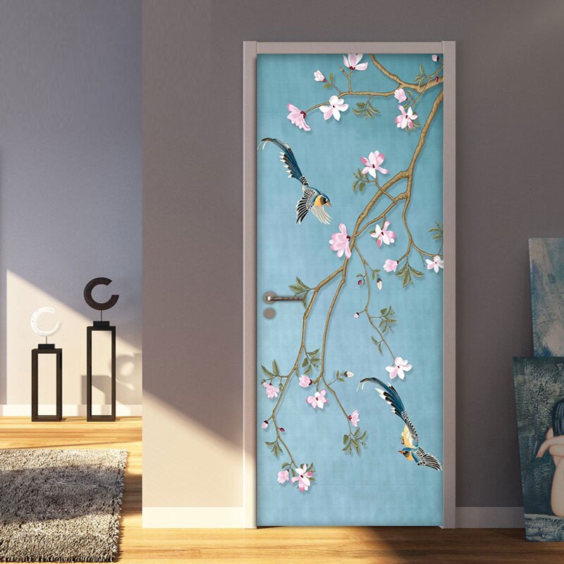 Door Sticker Chinese Style Flower Bird Mural Water... – Grandado