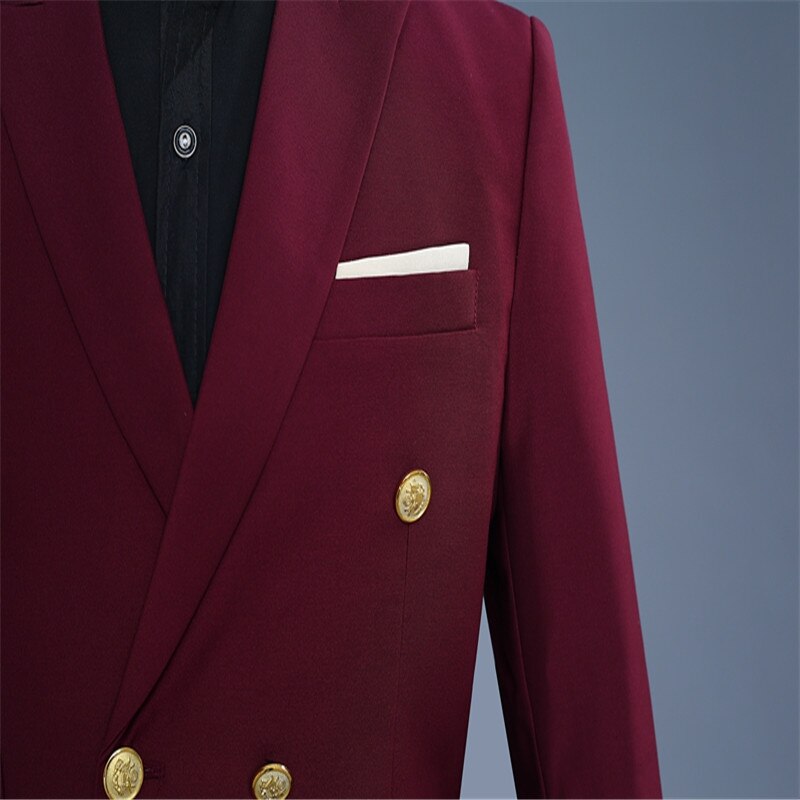 (Jacket+Pants)Red Wine Double-breasted Men Suit Se... – Grandado