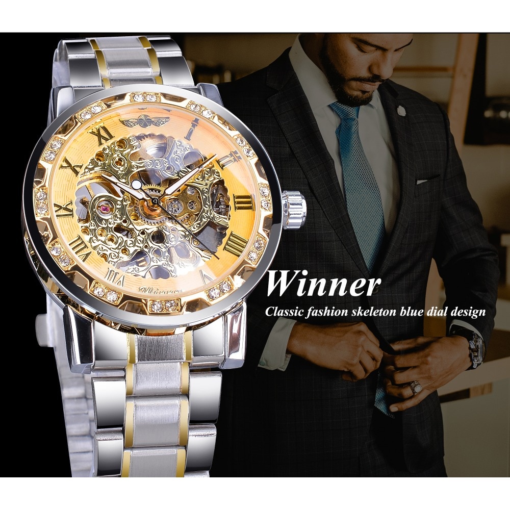 Winner Golden Skeleton Watches Luxury Diamond Silv... – Grandado