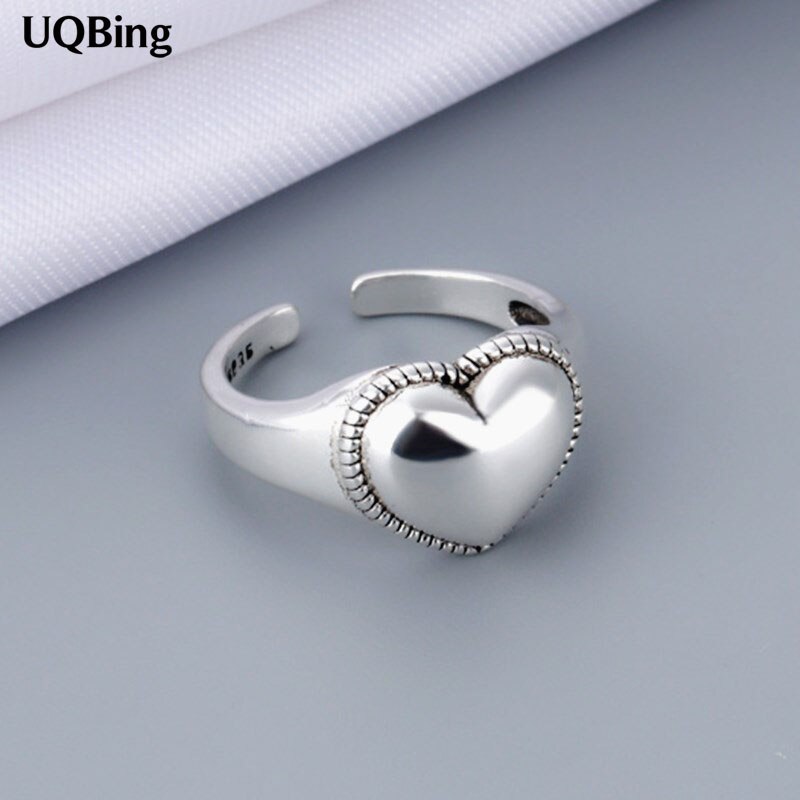 Vintage 925 Silver Glossy Big Heart Shape Women Fi... – Grandado