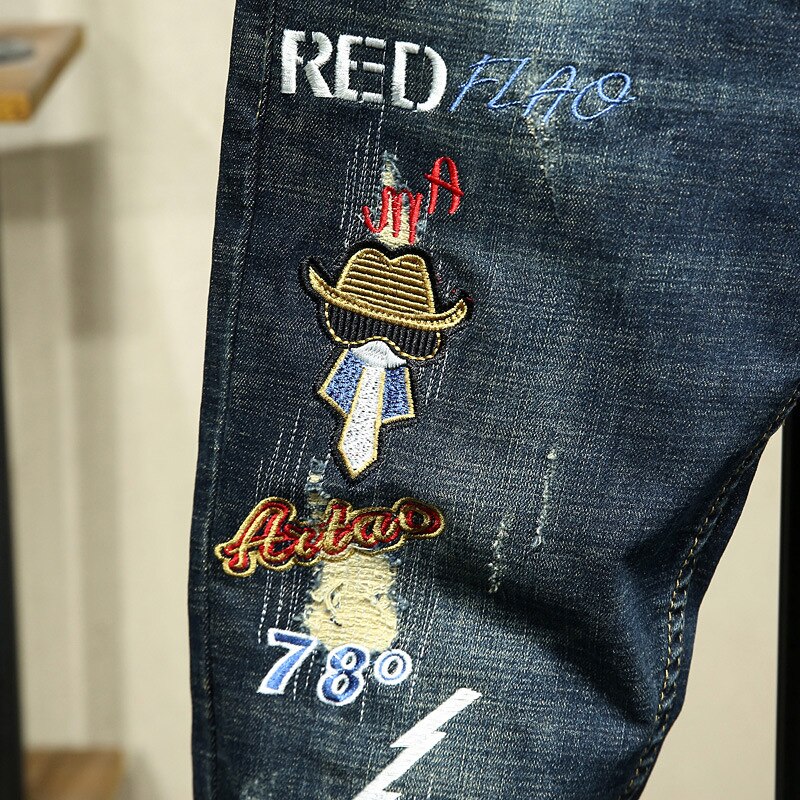 Sokotoo Men's character letters embroidery denim j... – Grandado
