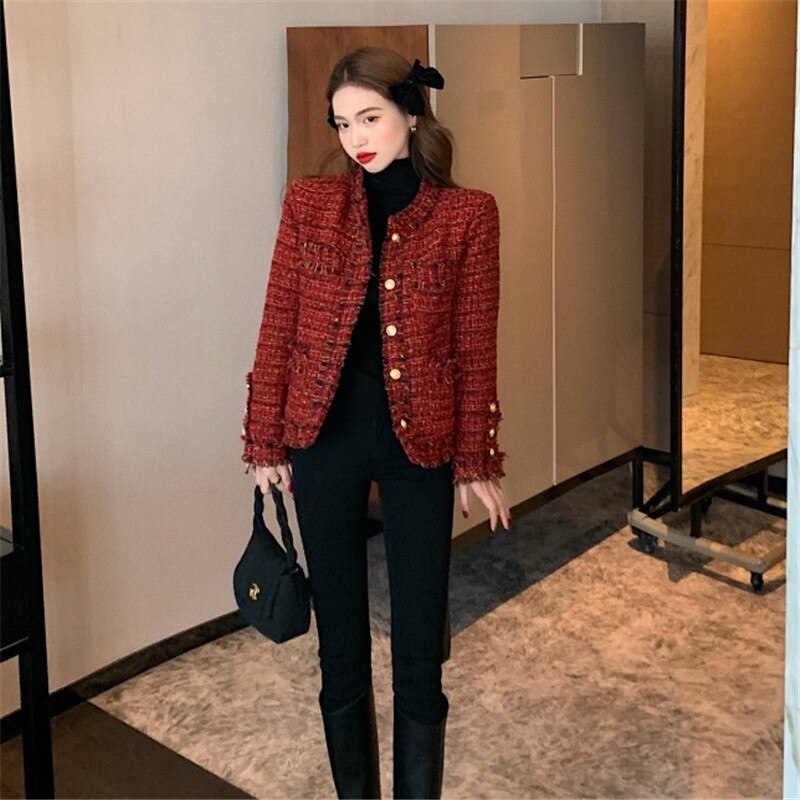 Korea Chic Tweed Coat Women Woolen Weave Red Suit ... – Grandado