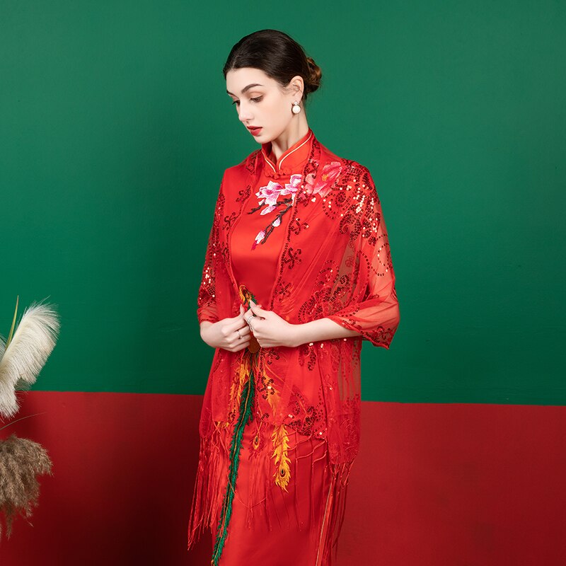 Vintage kvaster bryllup langt sjal pink guld rød p... – Vicedeal