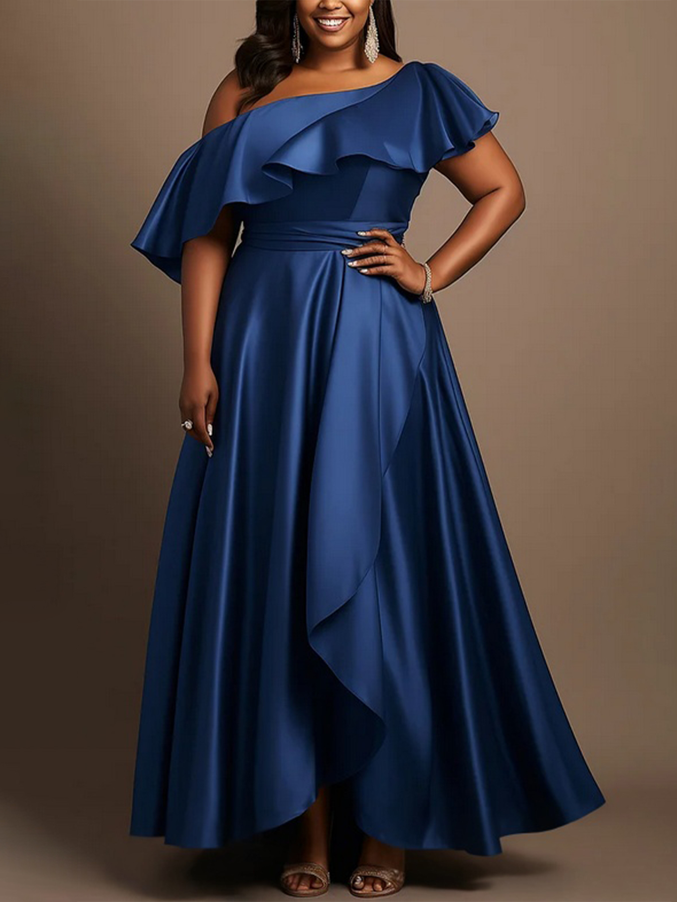 Satijn Elegante Dames Plus Size Maxi-jurk Ruche Eé... – Grandado