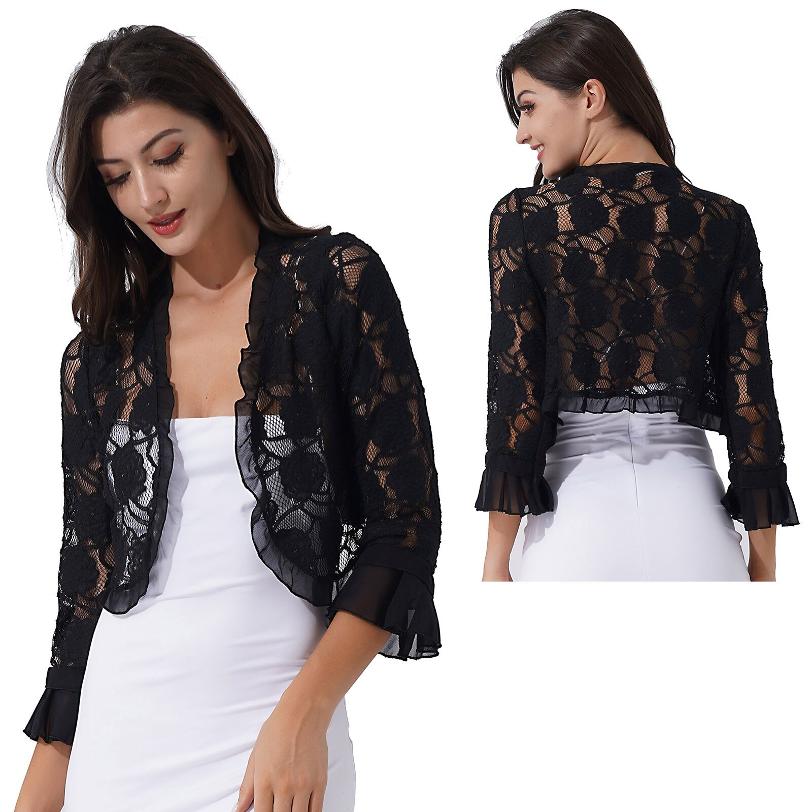 Womens Shawls Half Sleeve Ruffle Floral Lace Shrug... – Vicedeal