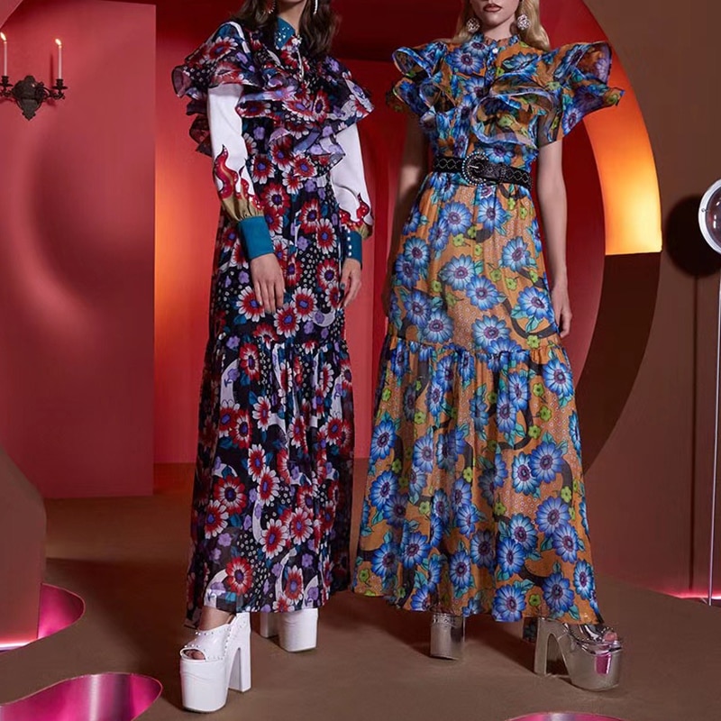 VGH Printed Vintage Maxi Dress For Women Stand Col... – Grandado