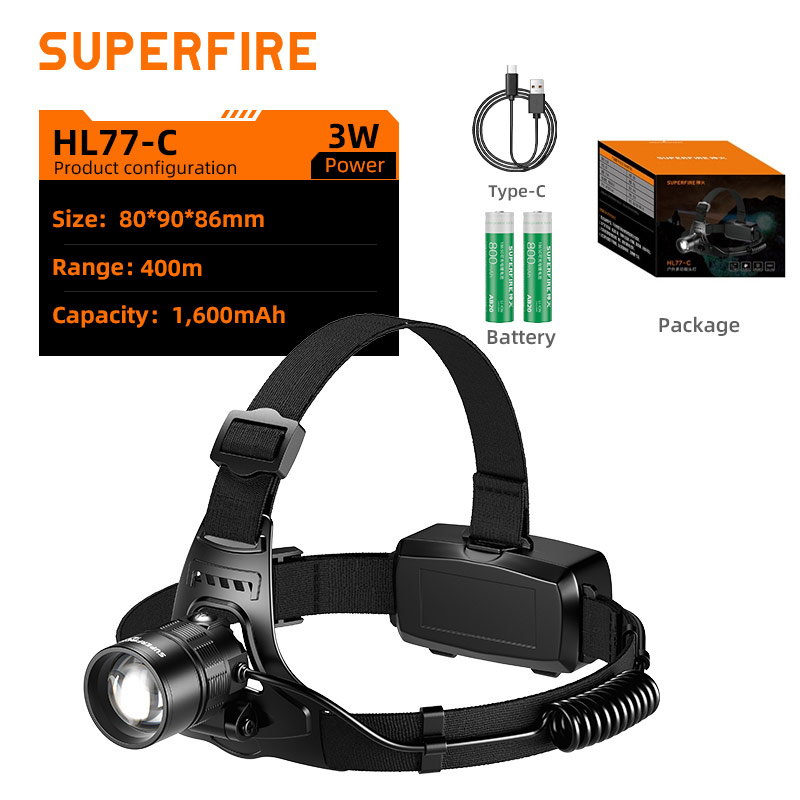 Superfire hl77- c ledet-hodelykt zoombar usb-oppl... – Grandado