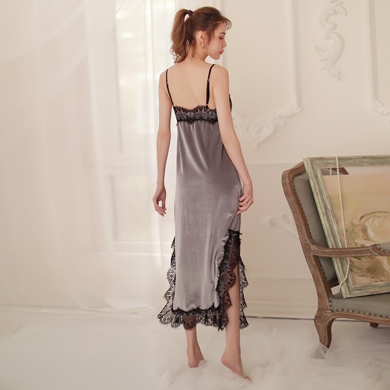 Sexy gold velvet suspenders deep V side split lace... – Grandado