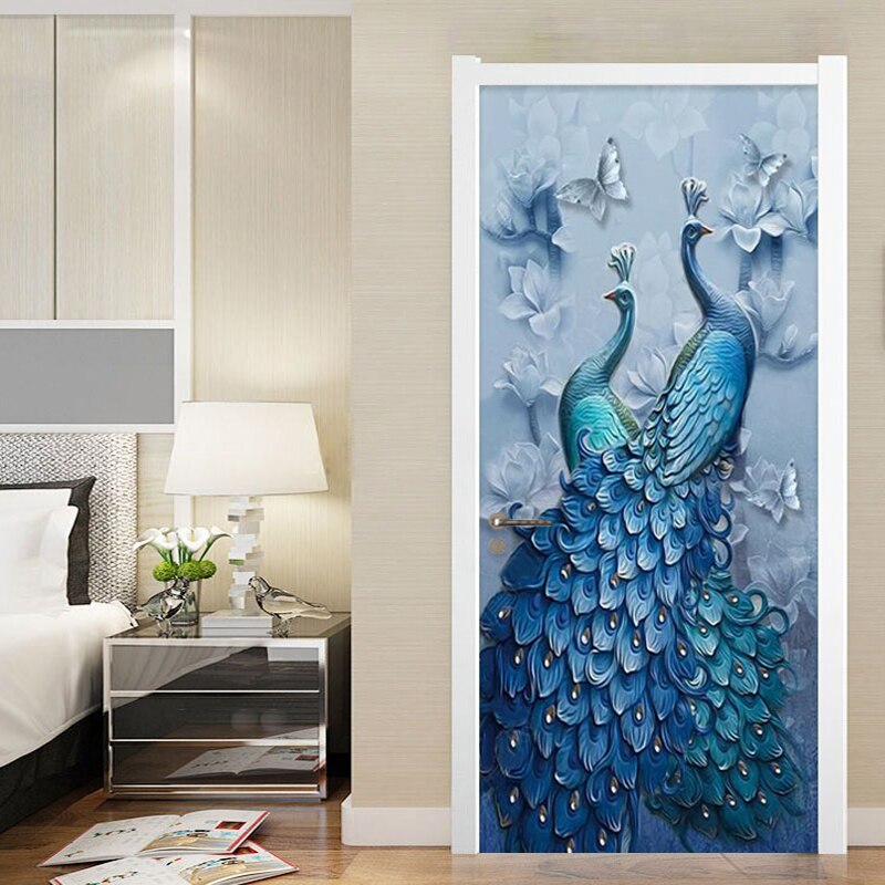 European Style Door Sticker 3D Relief Blue Peacock... – Grandado