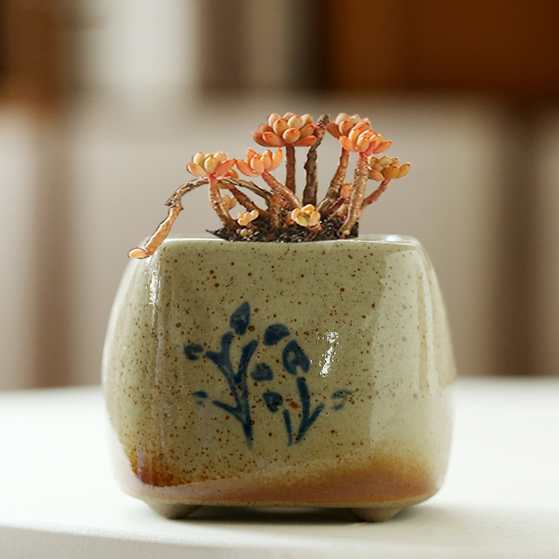 Vintage Blue&White Ceramic Flower Pot Hand Pai... – Grandado