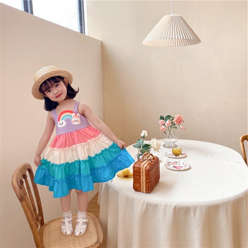 Summer girls cartoon dresses rainbow suspender dre... – Grandado