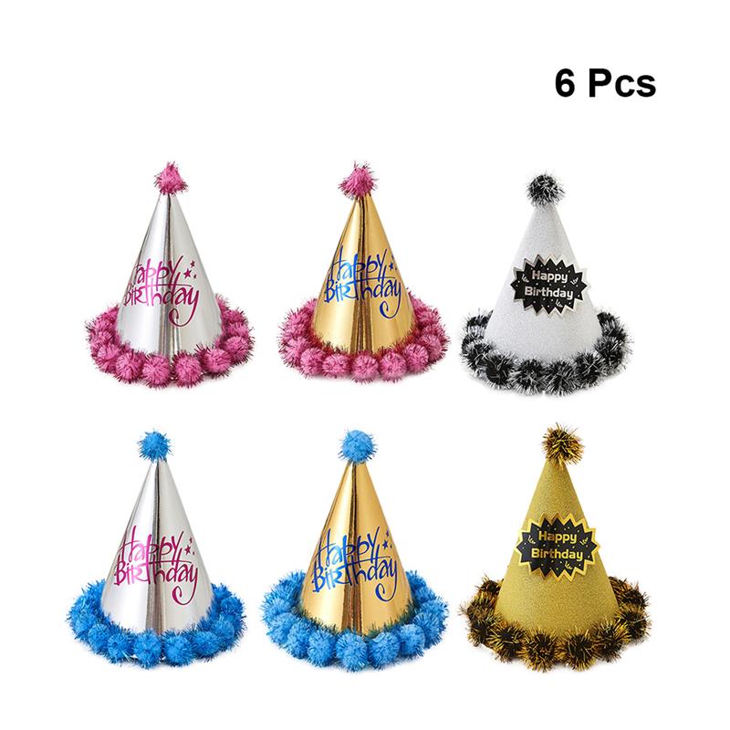 6PCS Birthday Hat Lovely Pointed Pompom Ball Paper... – Grandado