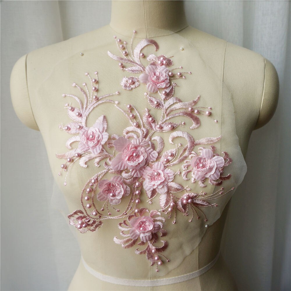 Rosa blå pärlor 3d blommor spets tyg broderade klä... – Grandado