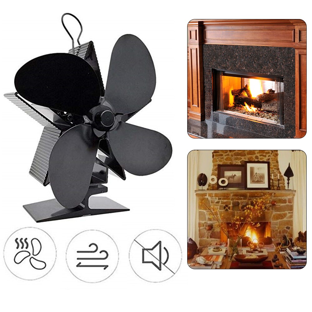 Heat Powered Stove Fan Black Fireplace 4 Blades Si... – Grandado