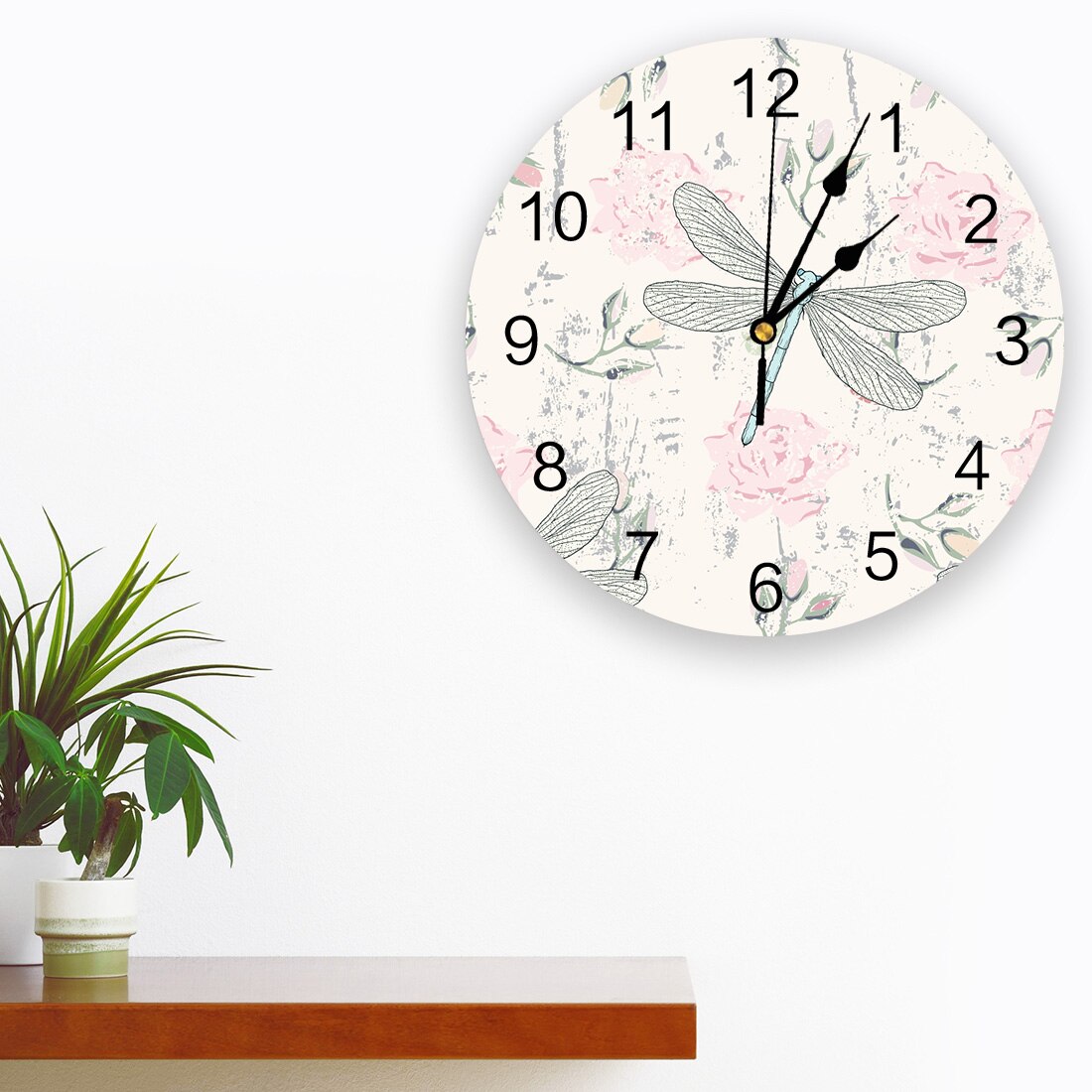 Illustration Of Dragonfly Pink Rose Wall Clock Wal... – Grandado