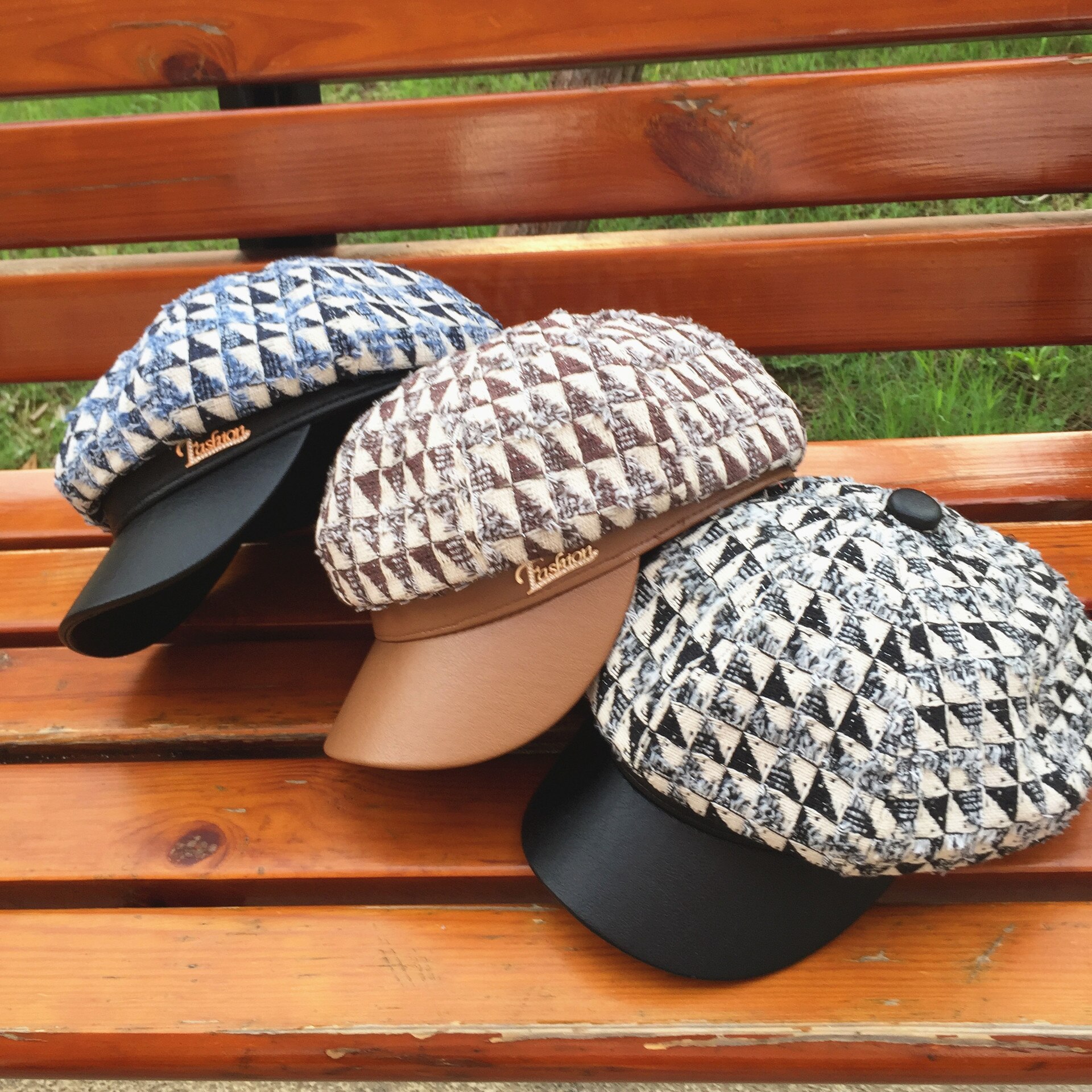 Autumn And Winter Octagonal Hat Plaid Striped Leat... – Vicedeal