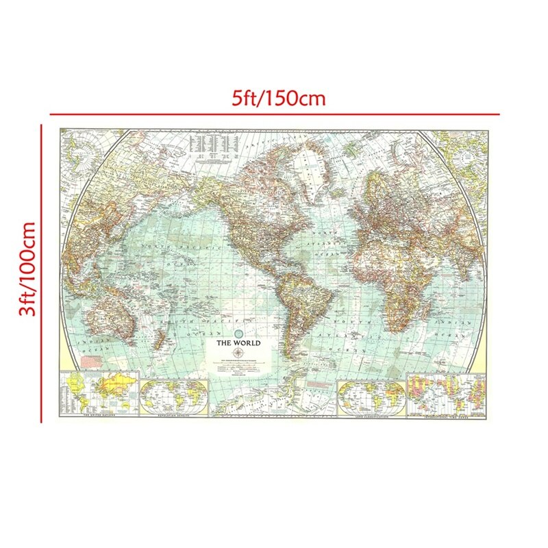 150*100 cm 1957 The World Map Vintage Non-woven Ca... – Grandado