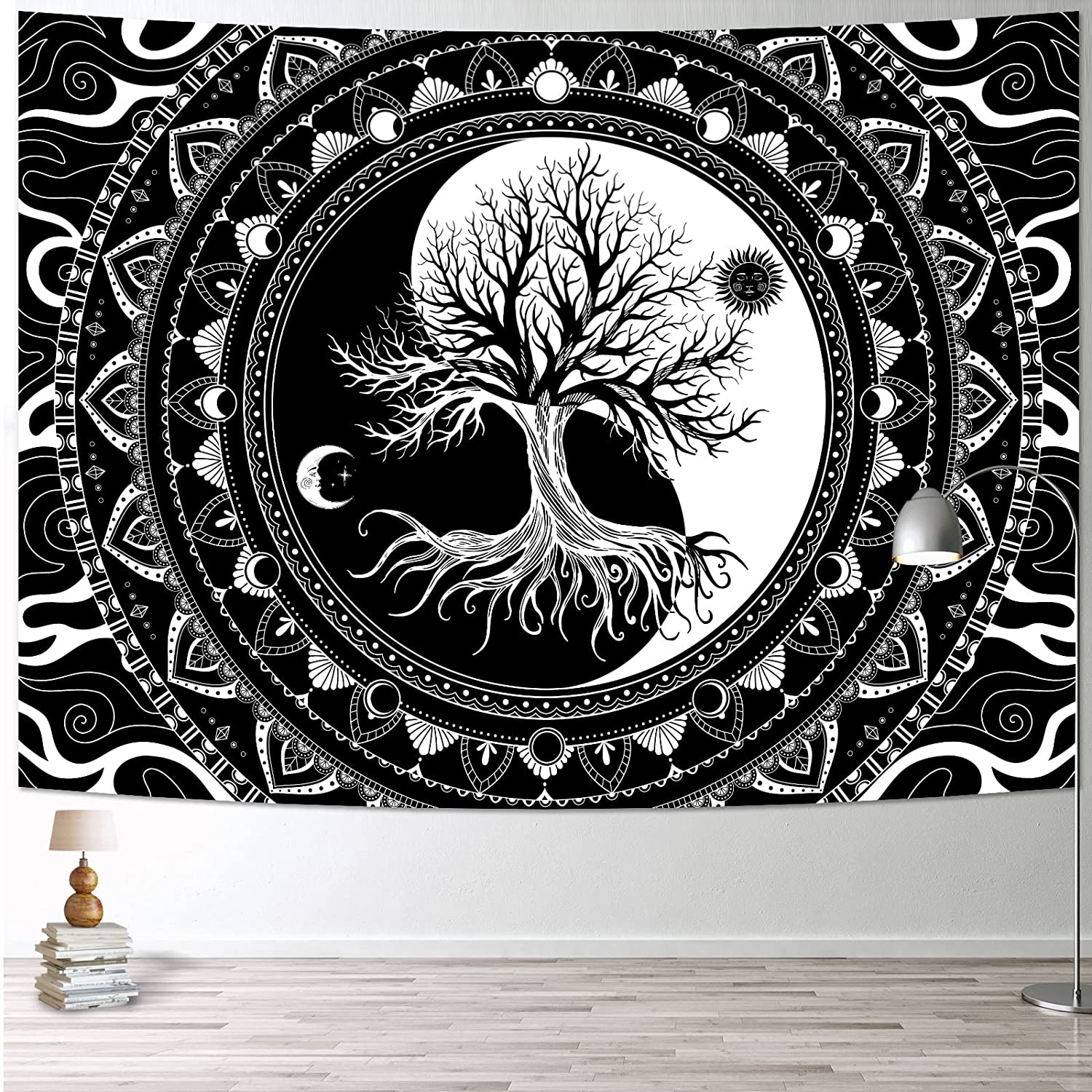 Tapiz de árbol de la vida, tapiz blanco y negro, E... – Grandado