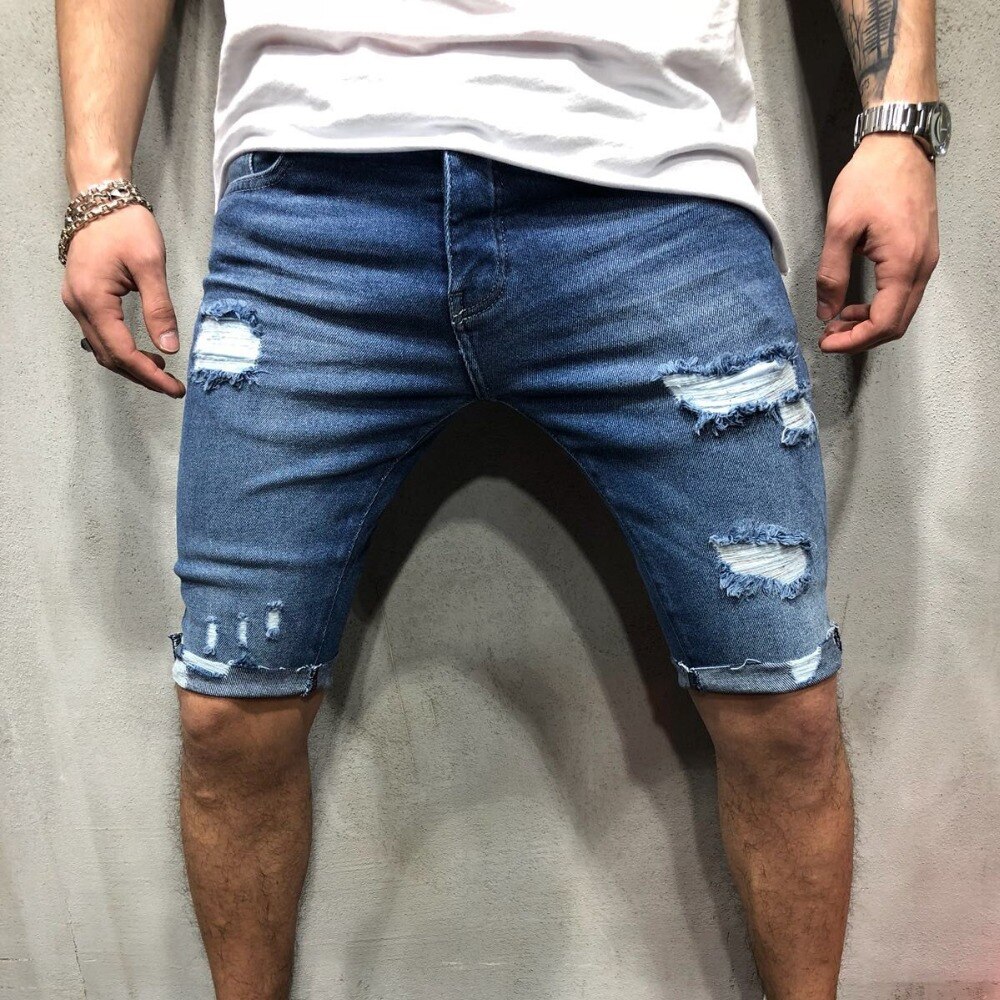 summer hole denim shorts men's Jeans Shorts Hip-ho... – Grandado