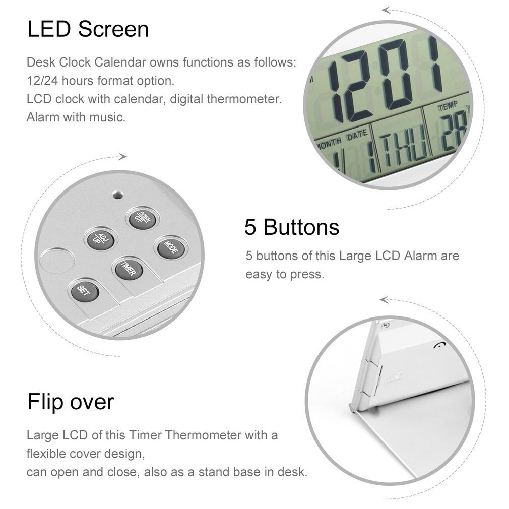 Alarm Clock Display date time temperature Folding ... – Grandado
