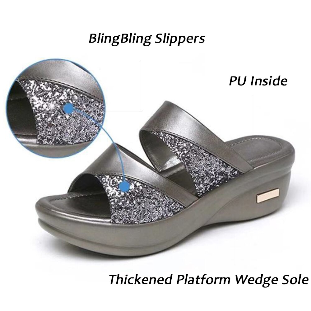 Sommar kvinnor paljetter kil tofflor bling plattfo... – Grandado