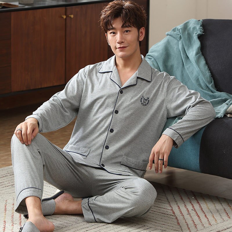 CherLemon Striped Pajama Set Men Pure Cotton Night... – Grandado